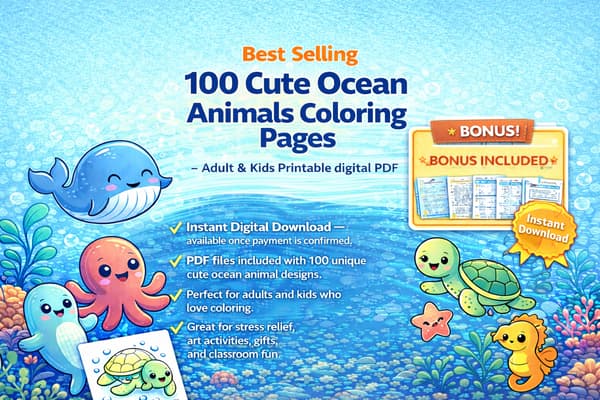 100 Cute Ocean Animals Coloring Pages for Kids - Instant PDF Download
