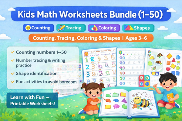 Kids Math Worksheets Bundle | Counting, Tracing, Coloring & Shapes